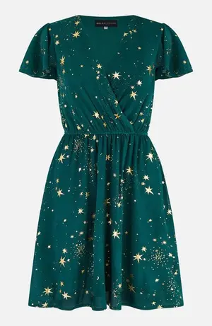 YUMI Foil Star Print Wrap Skater Dress