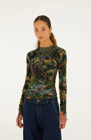 Farm Rio Petricor Long Sleeve Ruched Jersey Top