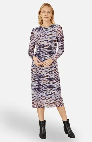 YUMI Abstract Stripe Ruched Midi Dress