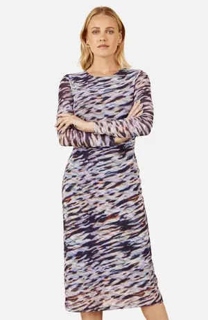 YUMI Abstract Stripe Ruched Midi Dress