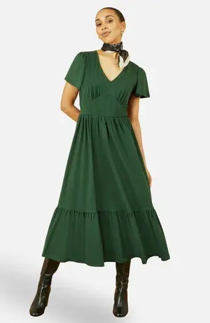 YUMI Cotton Jersey V-neck Midi Dress With Flutter Sleeves - Green