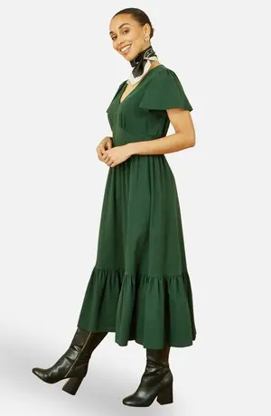 YUMI Cotton Jersey V-neck Midi Dress With Flutter Sleeves