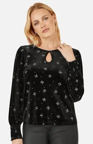 YUMI Sparkle Bow Print Velvet Top - Black