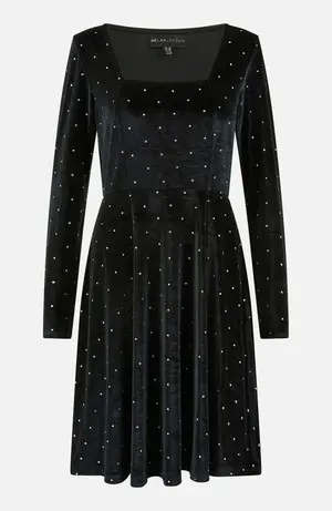 YUMI Diamante Long-sleeve Skater Dress