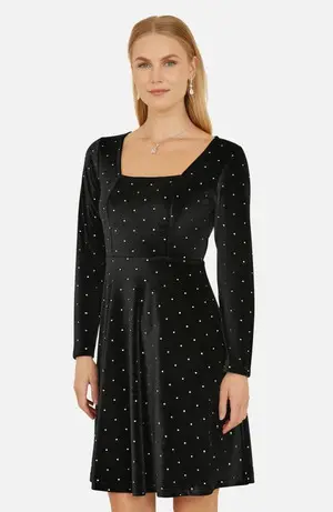 YUMI Diamante Long-sleeve Skater Dress
