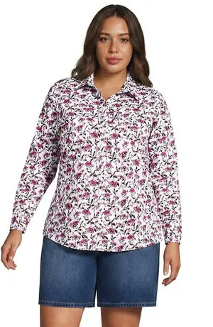 LANDS' END Supima Cotton Long Sleeve Shirt - White/pink Hydrangea
