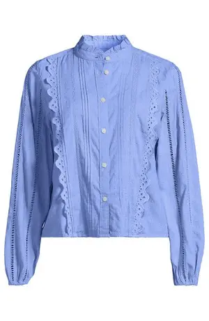 LANDS' END Ruffle Neck Button Front Shirt - Clear Blue Sky