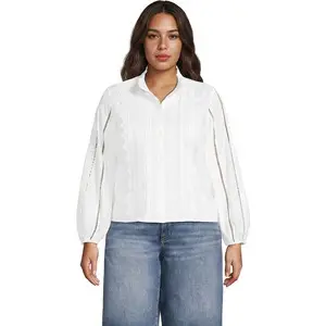 LANDS' END Ruffle Neck Button Front Shirt - White