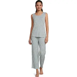 LANDS' END Cooling 3 Piece Pajama Settank Crop And Robe - Celery Multi Stripe