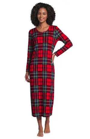 LANDS' END Tall Cotton Long Sleeve Midcalf Nightgown - Compass Red/pine Plaid