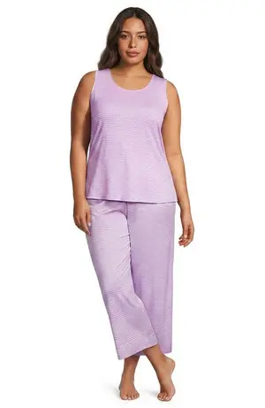 LANDS' END Cooling 3 Piece Pajama Settank Crop And Robe - Blushed Lilac Mini Stripe