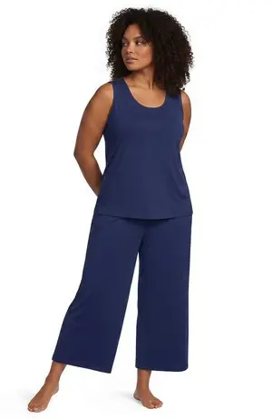 LANDS' END Cooling 3 Piece Pajama Settank Crop And Robe - Deep Sea Navy
