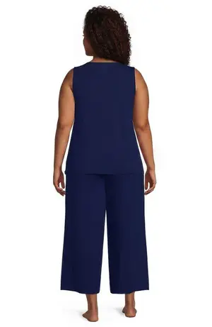 LANDS' END Cooling 3 Piece Pajama Settank Crop And Robe - Deep Sea Navy