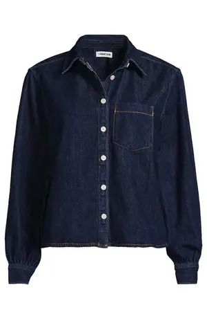 LANDS' END Denim Cropped Button Front Shirt - Dark Indigo