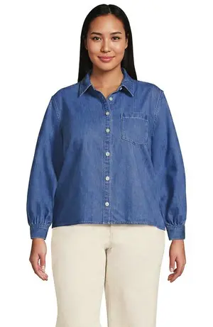 LANDS' END Denim Cropped Button Front Shirt - Light Indigo