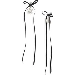 Simone Rocha Crystal Daisy And Faux Pearl Drop Earrings With Satin Ribbon - Pearl/crystal/black