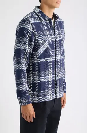 WAX LONDON Whiting Plaid Recycled Cotton Blend Overshirt - Navy/ecru