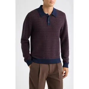 WAX LONDON Oban Long Sleeve Mini Geometric Jacquard Polo - Brown/navy