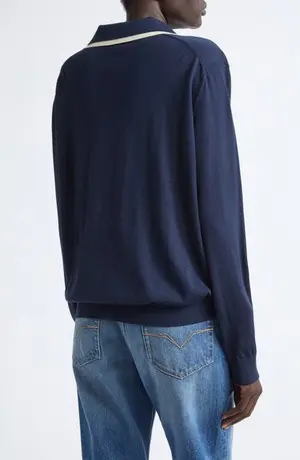Versace Classic Wool Blend Polo Sweater With Embroidered Logo - Navy