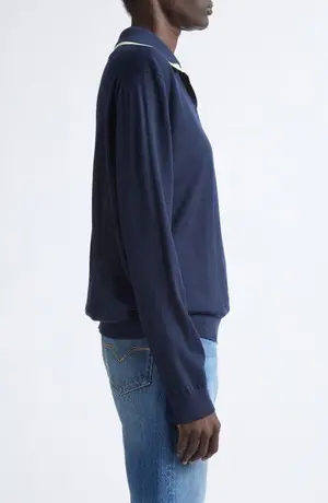 Versace Classic Wool Blend Polo Sweater With Embroidered Logo - Navy