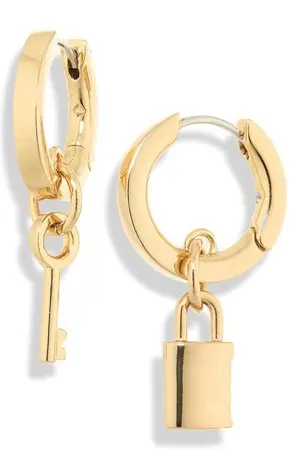 Kate Spade New York Asymmetrical Padlock And Key Drop Huggie Hoop Earrings - Gold
