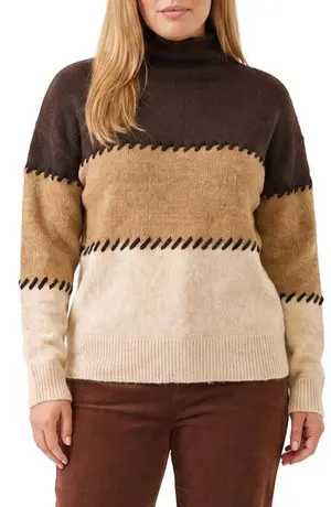 Karen Kane Contrast Stitch Mock Neck Sweater - Brown