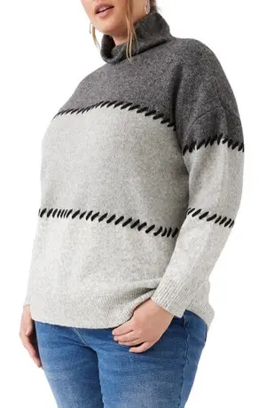 Karen Kane Contrast Stitch Mock Neck Sweater - Gray