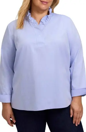 Foxcroft Tammy Ruffle Cotton Popover Top - Blue Wave