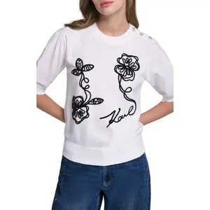 Karl Lagerfeld Paris Floral Stitch Short Sleeve Cotton Blend Sweater - Soft White/black