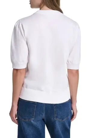 Karl Lagerfeld Paris Floral Stitch Short Sleeve Cotton Blend Sweater - Soft White/black