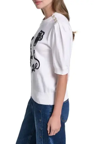Karl Lagerfeld Paris Floral Stitch Short Sleeve Cotton Blend Sweater - Soft White/black