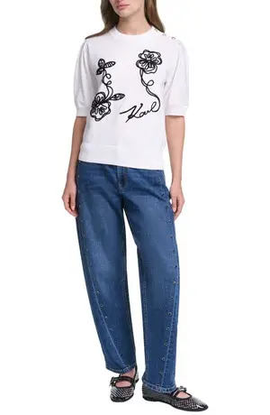 Karl Lagerfeld Paris Floral Stitch Short Sleeve Cotton Blend Sweater - Soft White/black