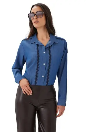 Karen Kane Crochet Trim Cotton Button Up Shirt