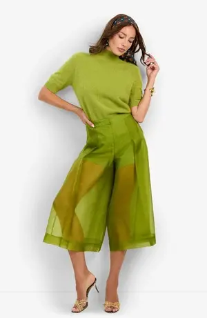 Trina Turk Siena Sheer Silk Organza Palazzo Pants - Dark Fennel