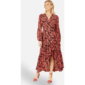 YUMI Rose Print Dipped Hemline Midi Dress