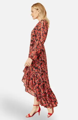 YUMI Rose Print Dipped Hemline Midi Dress