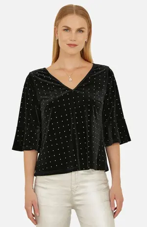YUMI Fluted Sleeve Relaxed Fit Top Black