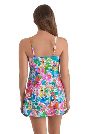 SHAPESOLVER Square Neck Princess Seam Swim Dress - Summer Splash