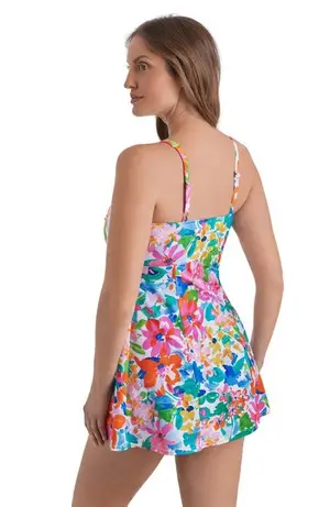 SHAPESOLVER Square Neck Princess Seam Swim Dress - Summer Splash