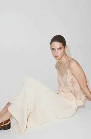Mango Embroidered Crinkled Camisole With Lace Trim And Ruffle Hem