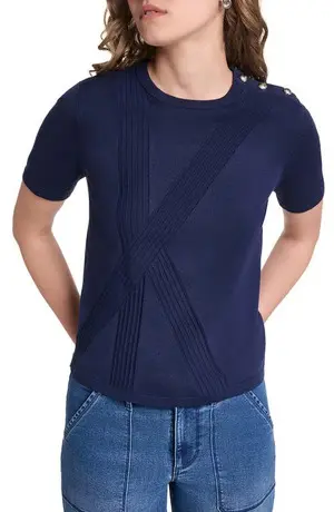 Karl Lagerfeld Paris K Short Sleeve Sweater With Shoulder Buttons - Navy