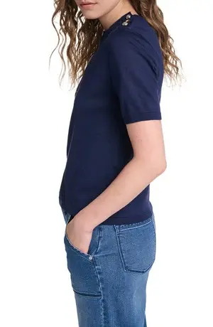 Karl Lagerfeld Paris K Short Sleeve Sweater With Shoulder Buttons - Navy