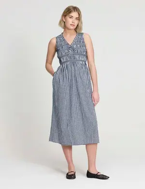 FINERY LONDON Petite Hadlee Gingham Shirred Midi Dress