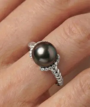 The Pearl Source Tahitian South Sea Pearl And Diamond Ring In 14k Gold - White Gold