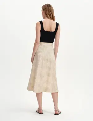 FINERY LONDON Frances Stripe Button Through Midi Skirt - Beige Stripe