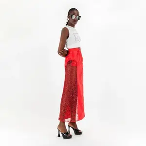 UCHÈ Uché Denim Maxi Skirt With Sequin Lace Panels