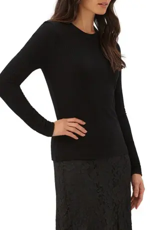 Karen Kane Ribbed Long Sleeve Crewneck Top - Black