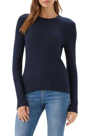 Karen Kane Ribbed Long Sleeve Crewneck Top - Navy