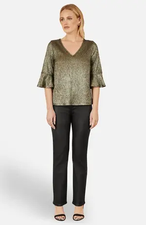 YUMI Fluted Sleeve Metallic Stretch Top