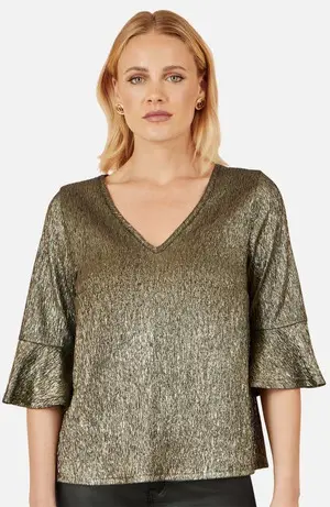YUMI Fluted Sleeve Metallic Stretch Top